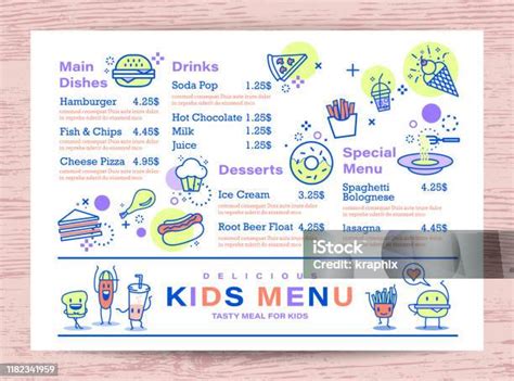귀여운 다채로운 아이 식사 메뉴 장소 매트 디자인 템플릿입니다 흰색 배경에 음식 아이콘을 윤곽을 그어 보입니다 점심에 대한 스톡 벡터 아트 및 기타 이미지 Istock