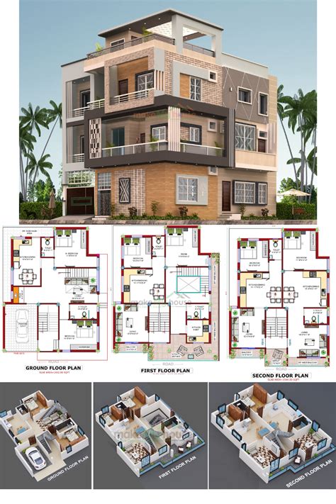 House Elevation Floor Plan And 3d Cut Section Building Design Plan