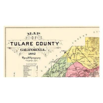 Historic County Map Tulare County California Thompson 1892 4275
