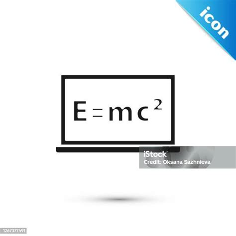 흰색 배경에 격리 칠판 아이콘에 방정식 솔루션의 회색 수학 시스템 E는 컴퓨터 화면에서 Mc 제곱 방정식과 같습니다 벡터 0명에 대한 스톡 벡터 아트 및 기타 이미지