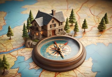 A Compass Needle Pointing Towards A Tiny House On A Colorful Map