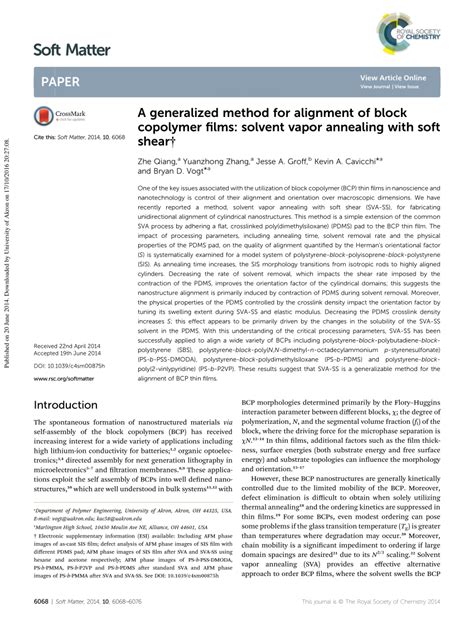 Pdf A Generalized Method For Alignment Of Block Copolymer Films Solvent Vapor Annealing With
