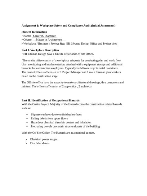 Workplace Safety Audit Assignment Pdf Personal Protective Equipment