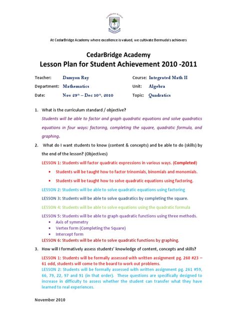 Quadratics Lesson Plan Pdf Quadratic Equation Factorization