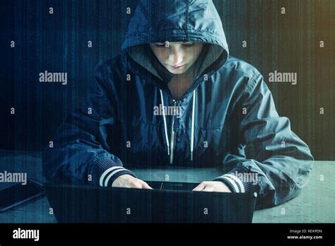 Hacker Teen Programmer Uses A Laptop To Hack The System Stealing Personal Data Creation And