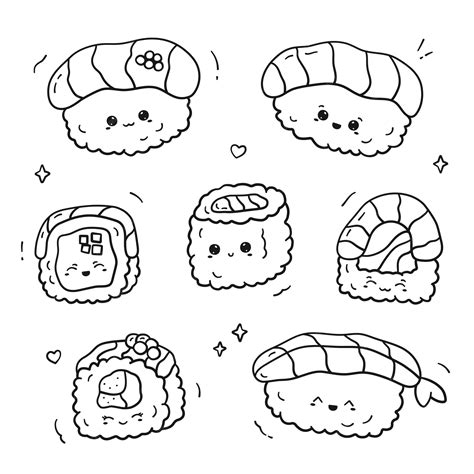 Conjunto De Sushi Y Rollos Kawaii Lineales Libro Para Colorear De Linda