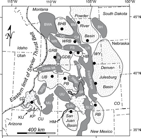 Base Map Of Uplifts And Basins In The Rocky Mountains And Locations
