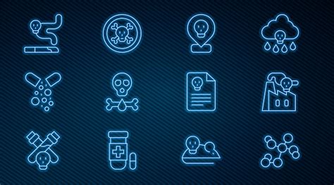 세트 라인 화학식 공장에서 연기 위치의 방사능 뼈와 두개골 독이 든 알약 담배 방사선 경고 문서 및 아이콘 벡터 건강 진단에 대한 스톡 벡터 아트 및 기타 이미지 Istock