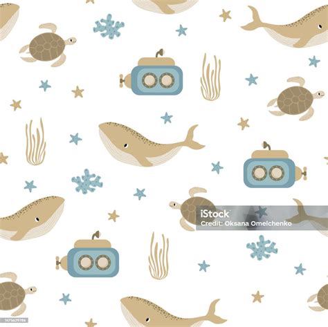 고래 잠수함 거북이 불가사리 조류가 있는 벡터 원활한 패턴 수중 만화 생물 해양 배경입니다 직물 아동 의류 섬유 포장지에 대 한