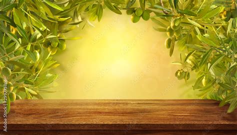 Mockup Of Empty Table With Olives Branches With Fresh Olives On Yellow