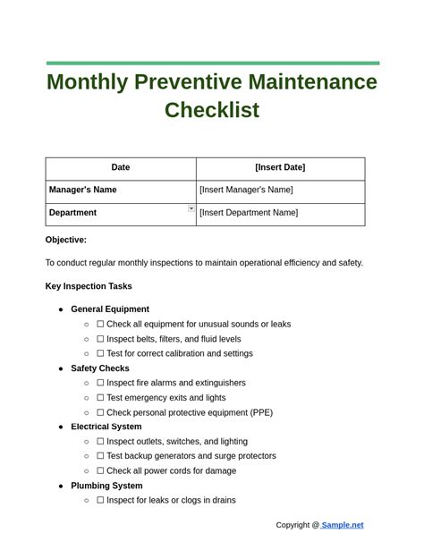 Preventive Maintenance Forms Examples Maintenance Schedule Template