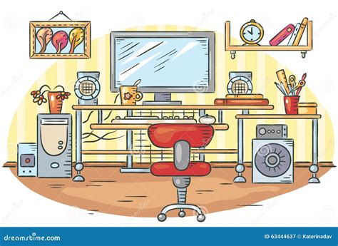 Workplace With A Computer Table Stock Vector Illustration Of Desktop Room