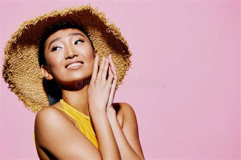 Fashion Woman Beauty Pink Trendy Summer Swimsuit Excited Yellow Smile Portrait Stock Photo