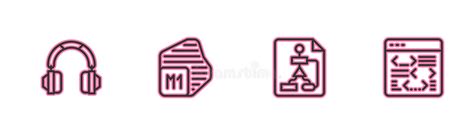 Set Line Headphones Flowchart Processor And Software Icon Vector