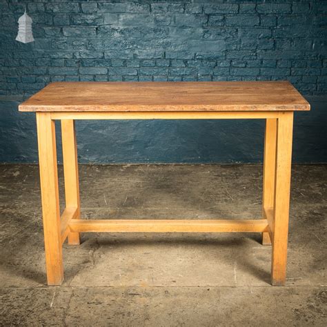 School Workbench Table Beech H Stretcher Base With Iroko Top Mid Century Norfolk Reclamation