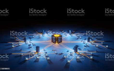 Cloud Computing Network Infrastructure Computer Workstations Connected To Data Center Digital 3d