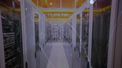 Animation Of Connected Dots And Lens Flares Over Data Server Racks In