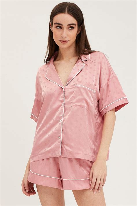 Womens Pink Satin Pajamas Set Short Sleeve Ally Fashion
