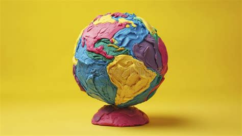 Playful Multicolored Clay Globe Model On Yellow Background Stock
