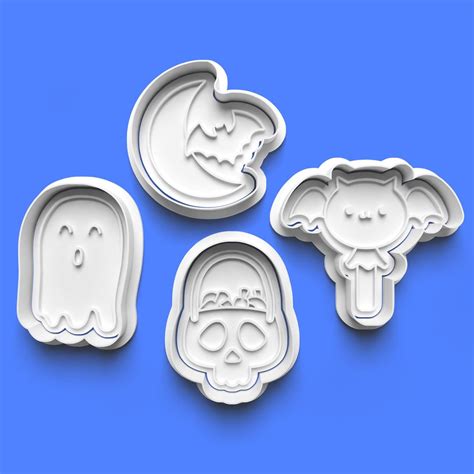 Halloween Cookie Cutter Set Ghost Bat And Skull Fondant Stamps Etsy