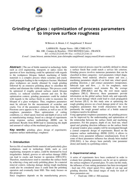 Pdf Grinding Of Glass Optimization Of Process Parameters To Improve Surface Roughness