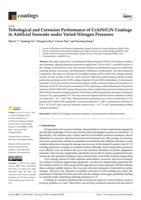 Pdf Tribological And Corrosion Performance Of Craln Crn Coatings In Artificial Seawater Under