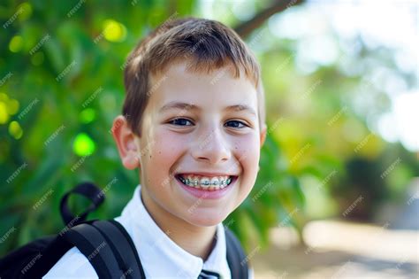 Portrait Of A Smiling Little Boy With Braces On His Teeth In The Park