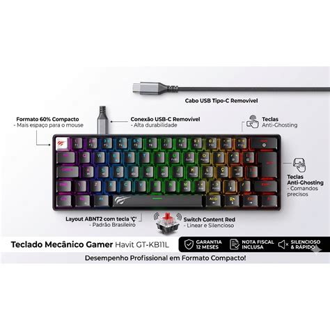 Teclado Mecânico 60 Gamer Havit Gt Kb11l Rgb Abnt2 Usb C Switch Red