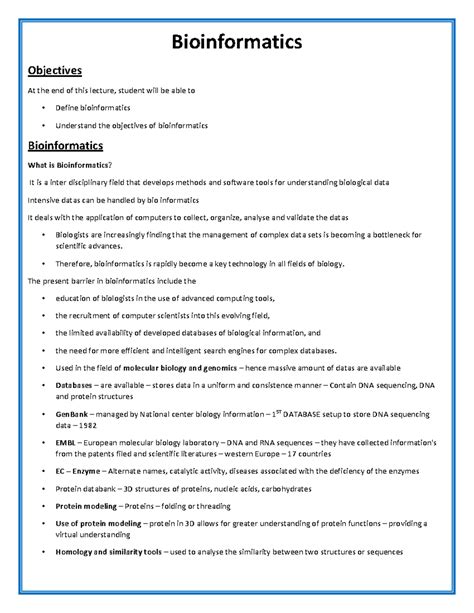 Bioinformatics Bioinformatics Objectives At The End Of This Lecture