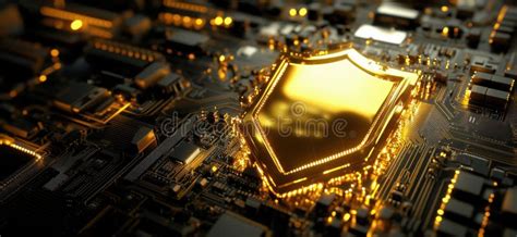 Golden Shield Symbolizing Cybersecurity Protection On A Circuit Board Showcasing Advanced