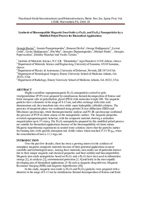 Pdf Synthesis Of Biocompatible Magnetic Iron Oxides γ Fe2o3 And