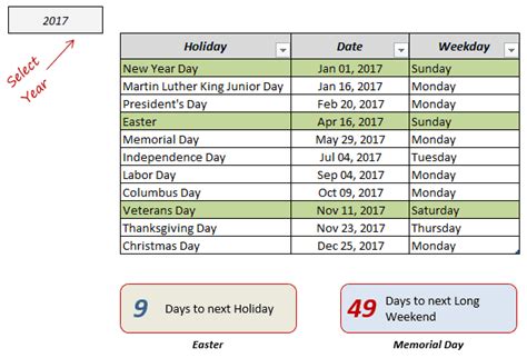 holidays in excel