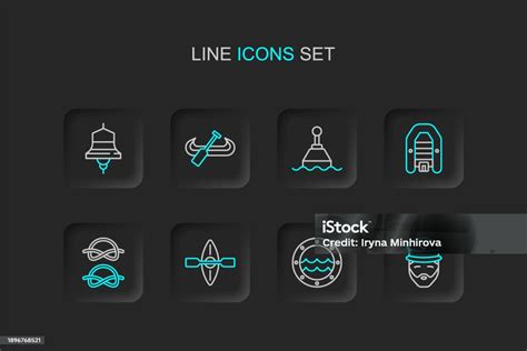선박 선장 선박 현창 카약 및 패들 해상 로프 매듭 모터가 있는 풍선 보트 플로팅 부표 및 벨 아이콘의 라인 설정을 설정합니다 벡터 0명에 대한 스톡 벡터 아트 및 기타