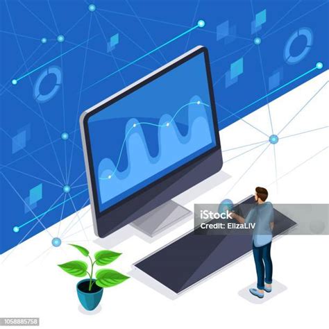 세련 된 옷에 아이소메트릭 남자 관리 가상 스크린 플라즈마 패널 세련 된 남자는 첨단 기술을 사용 하 여 Java 프로그래밍 언어에 대한 스톡 벡터 아트 및 기타 이미지