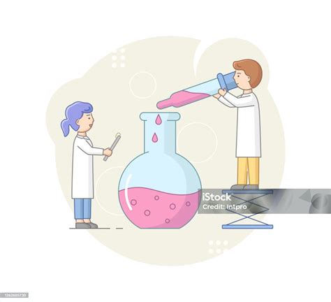 과학 및 연구 개념 남성과 여성 캐릭터는 연구를 합니다 플라스크에서 유체를 혼합하는 실험실 조수 실험을 하는 과학자들 만화 선형 윤곽선 플랫 벡터 일러스트레이션 Dna에