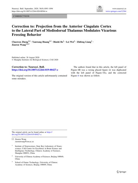 Pdf Correction To Projection From The Anterior Cingulate Cortex To