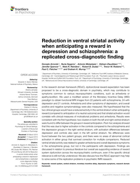Pdf Reduction In Ventral Striatal Activity When Anticipating A Reward In Depression And