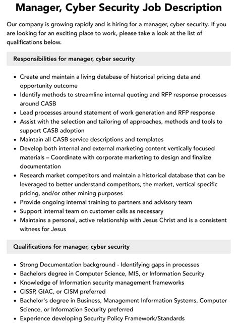 Manager Cyber Security Job Description Velvet Jobs