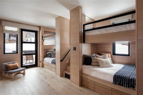 A Modern Bunk Room With Staircase At Ski House In Yellowstone Club