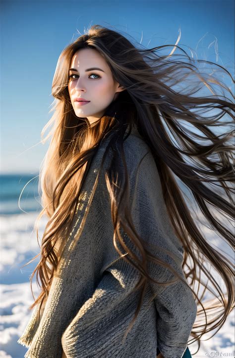 Arafed Woman With Long Hair Standing On The Beach In Front Of The Ocean