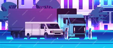 충전 발전소 충전기에서 배터리 차량을 충전하는 전기 화물 트럭 Ev 관리 지속 가능한 운송 개념 도시 배경 가로 벡터 그림