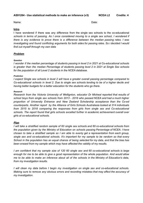 As91264 Use Statistical Methods To Make An Inference Mathematics And Statistics Level 2
