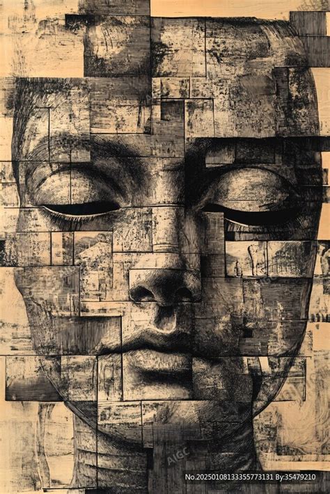 Ai创作图人脸色块拼接装饰画 马赛克肖像 综合艺术 具象形态版画木版画 立体主义绘画 古典复古后现代画 拼图印象画肌理线条 人头复古装饰画 另类装饰画 面部抽象结合 扫描装饰画 视射线艺术画
