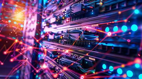 Server Room Network Connections A Closeup Of Server Racks With Network Cables And Connections