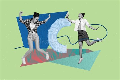 Full Art Sketch 3d Collage Image Poster Of Two Happy Girls Dance