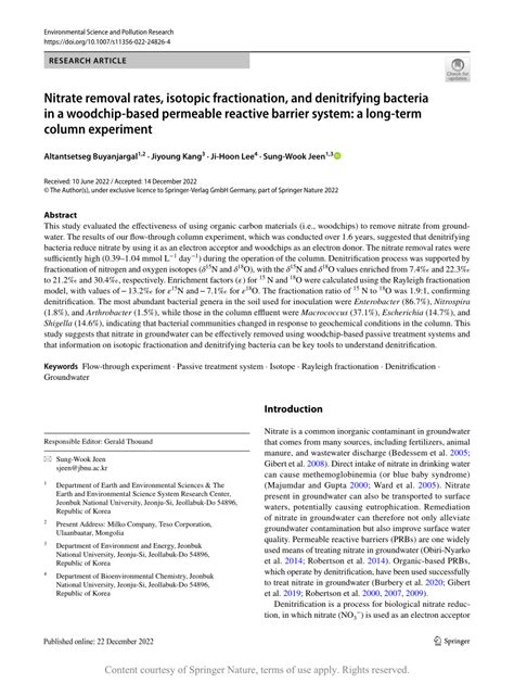 Nitrate Removal Rates Isotopic Fractionation And Denitrifying Bacteria In A Woodchip Based