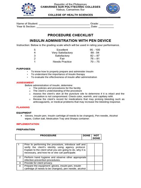 Insulin Administration Procedure Checklist Pdf Medical Treatments