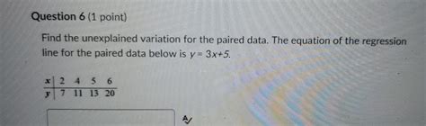 Solved Question 6 1 Point Find The Unexplained Variation