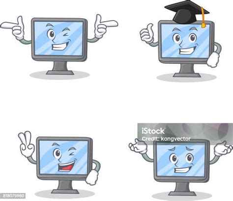 모니터 문자 윙크 두 손가락 졸업 벡터 일러스트 레이 션의 설정 감정에 대한 스톡 벡터 아트 및 기타 이미지 감정 귀여운 그림 그리기 Istock