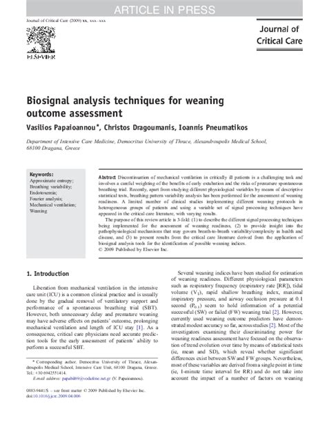 Pdf Biosignal Analysis Techniques For Weaning Outcome Assessment